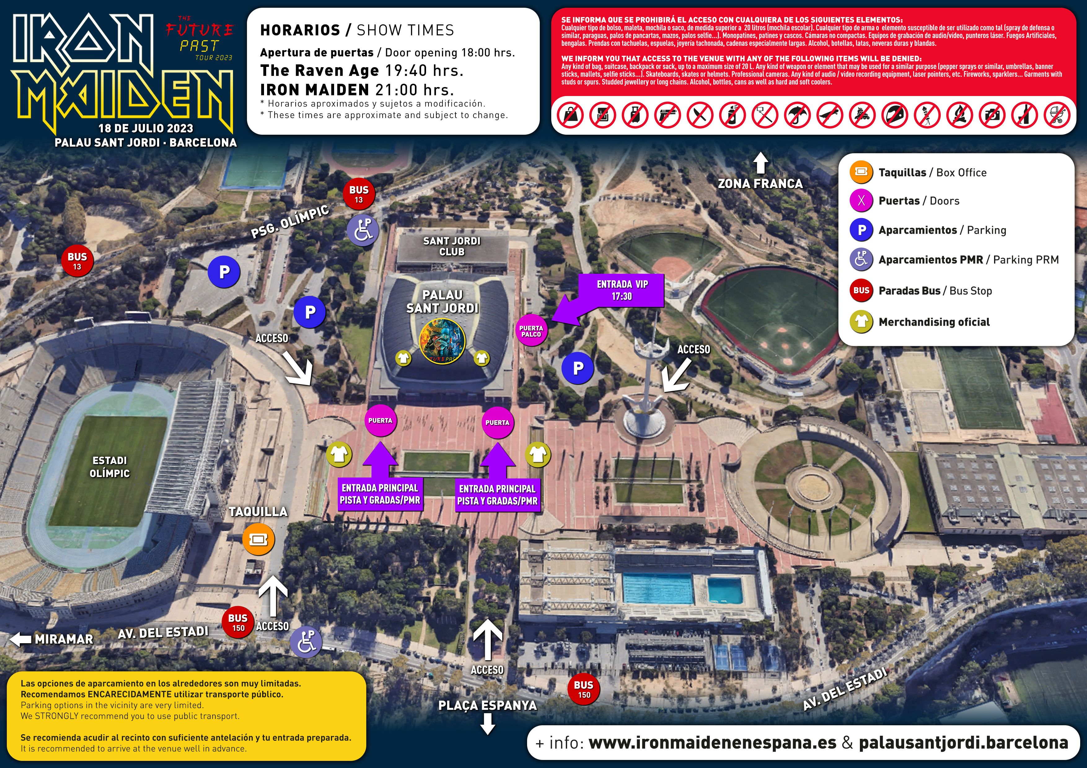 IRON MAIDEN - Planos de Acceso en Barcelona, Murcia y Bilbao. Horarios y detalles