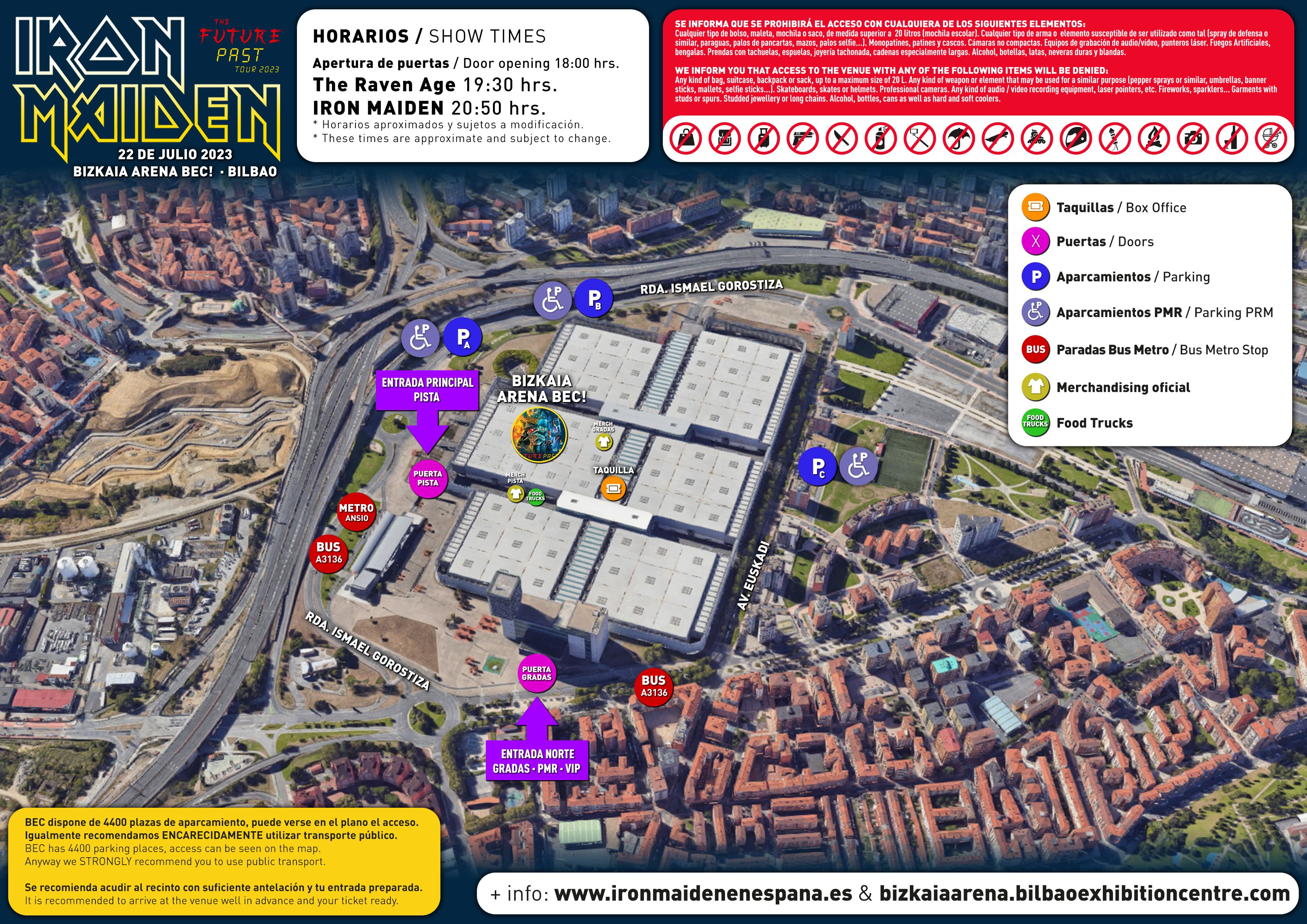 IRON MAIDEN - Planos de Acceso en Barcelona, Murcia y Bilbao. Horarios y detalles